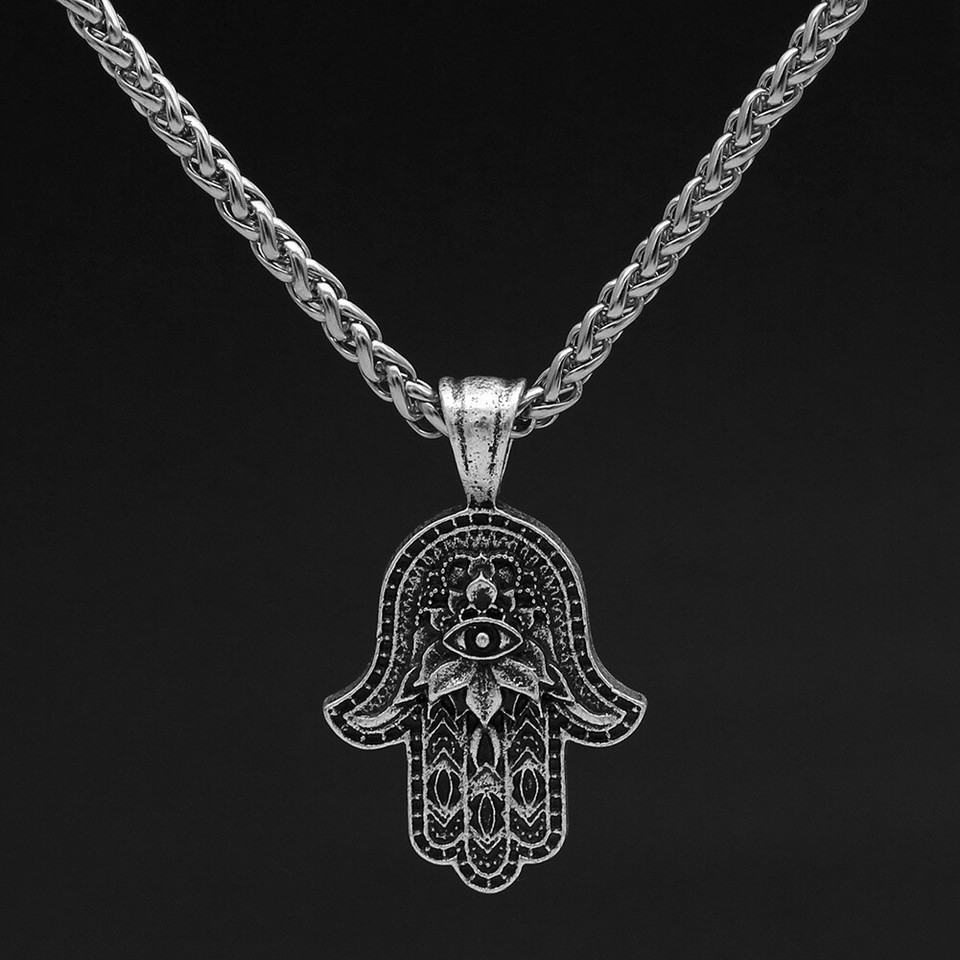 Mens Silver Hamsa Hand of Fatima Pendant Necklace Protection Jewelry ...