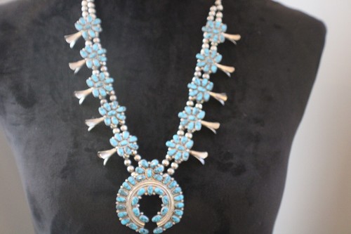 VINTAGE STERLING NUMBER 8 TURQUOISE SQUASH BLOSSOM NECKLACE 155 GR | eBay