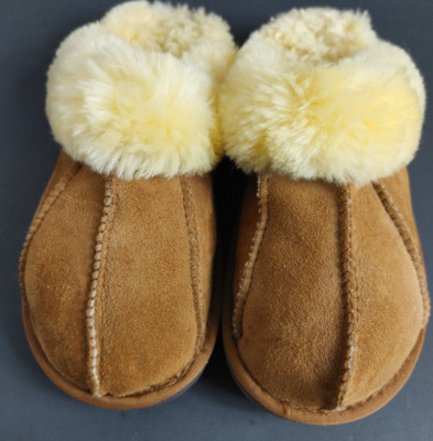 GENUINE BROW SUEDE CREAM SHEEPSKIN WOMEN'S XL SLIPPERS HOUSE SHOES W ...