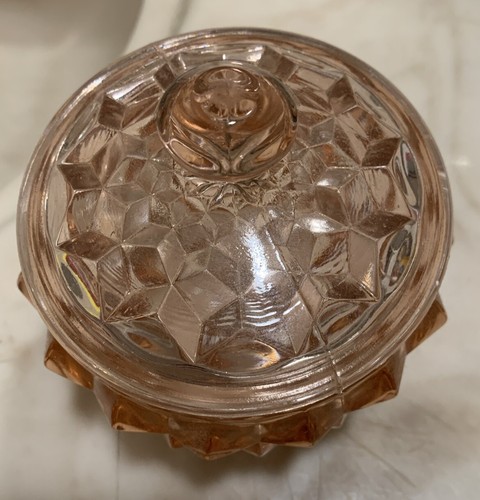 Vintage Jeanette Glass Pink Powder Jar Lid Candy Dish Cubist Pattern ...