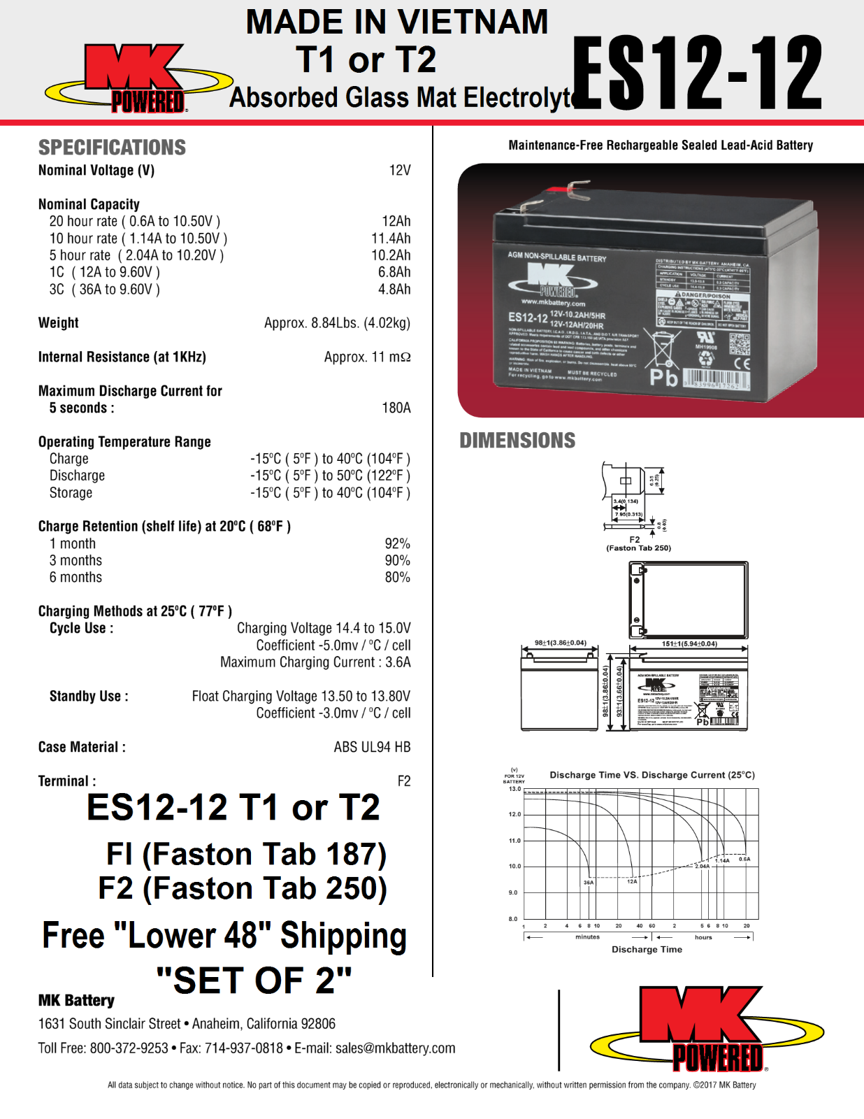 MK AGM Battery - Set of 2 - 12V 12AH - ES12-12 (T1 or T2) - Sealed VRLA ...