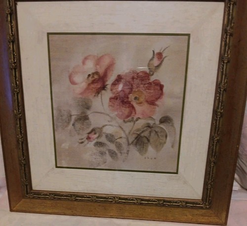 VTG CHERI BLUM ANTIQUE ROSE FRAMED PRINTS 15.5x15.5 SHABBY CHIC CRACKLE ...