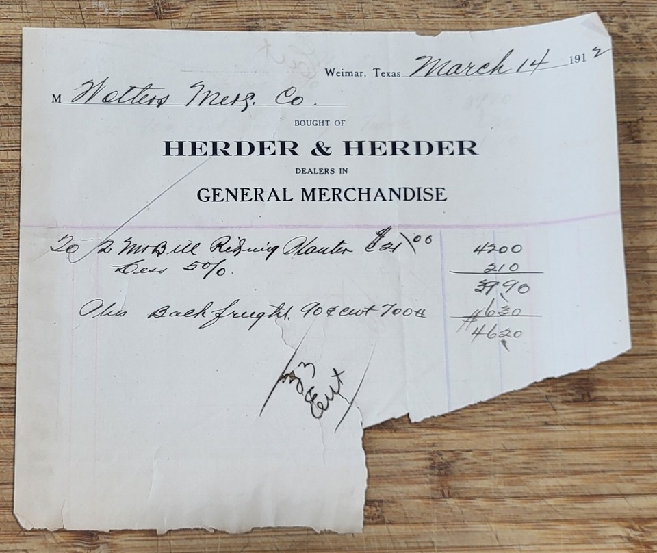 1912 Billhead Schulenburg Wolters Merc Texas Weimer Herder and Herder ...