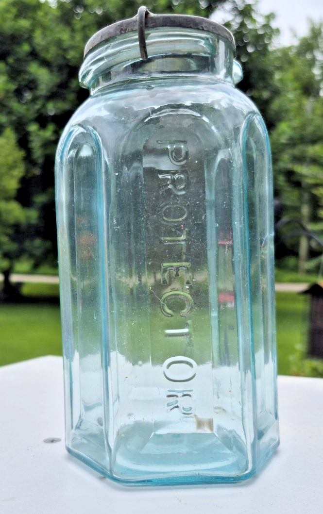 PROTECTOR 6-Sided Recessed Panel Quart Fruit Jar ~ Aqua | eBay