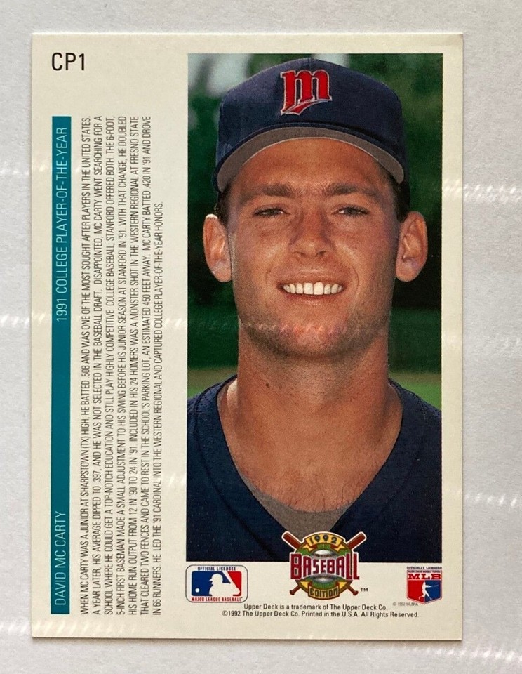 1992 Upper Deck – 1991 College POY Hologram David McCarty Stanford Card ...