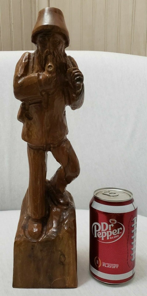 Vintage Wood Carved Mountain Man Statue Figure Smoking Pipe Axe Folk ...
