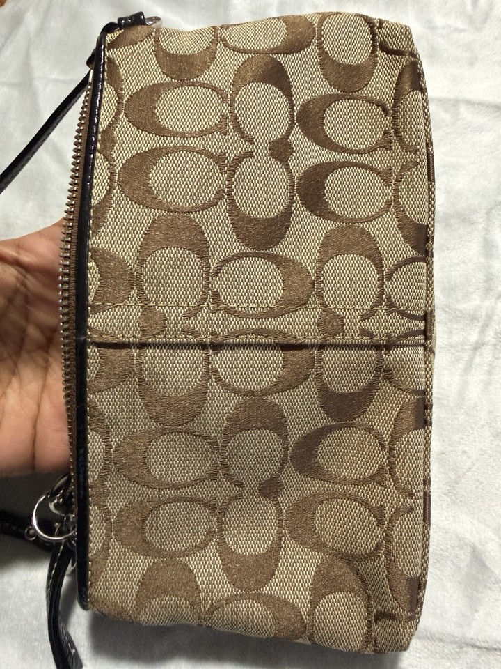 Vintage COACH Brown Signature Jacquard Canvas Wristlet Y2K Leather ...