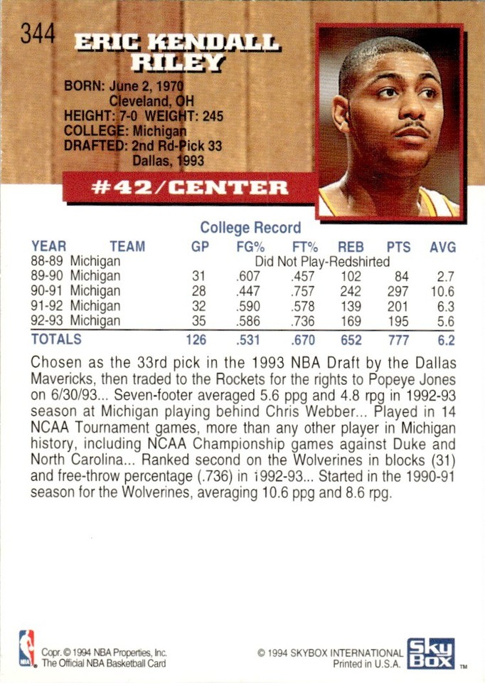 1993-94 NBA Hoops Basketball Card Eric Riley Houston Rockets #344 | eBay