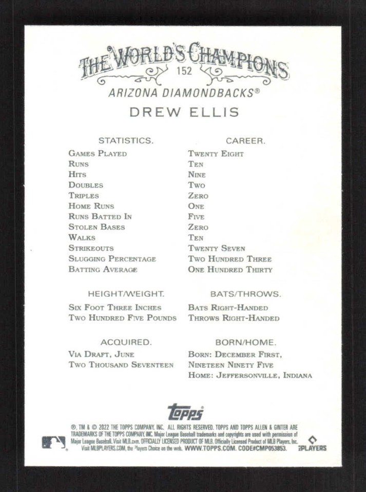 Drew Ellis RC 2022 Topps Allen & Ginter Arizona Diamondbacks #152 | eBay
