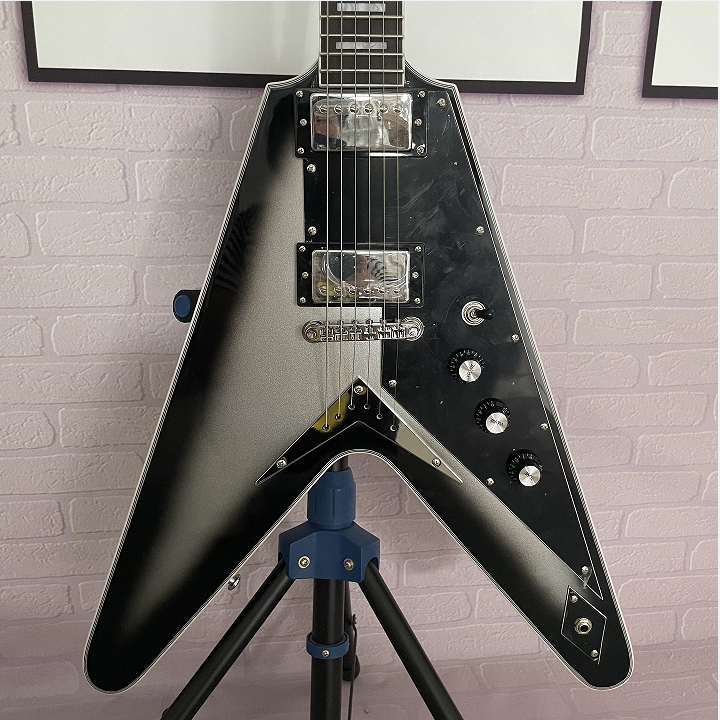 Flying V Electric Guitar Silver Burst Bone Nut Strings Thru Body Free ...