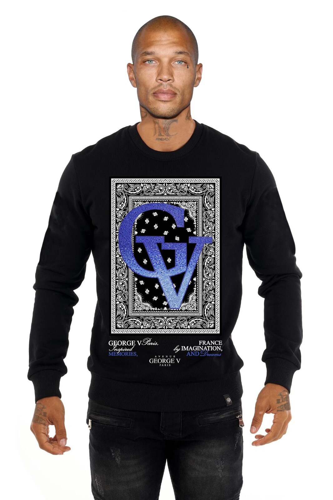 Avenue George V Paris Men's Long Sleeve Sweater Black/Blue Rhinestone ...