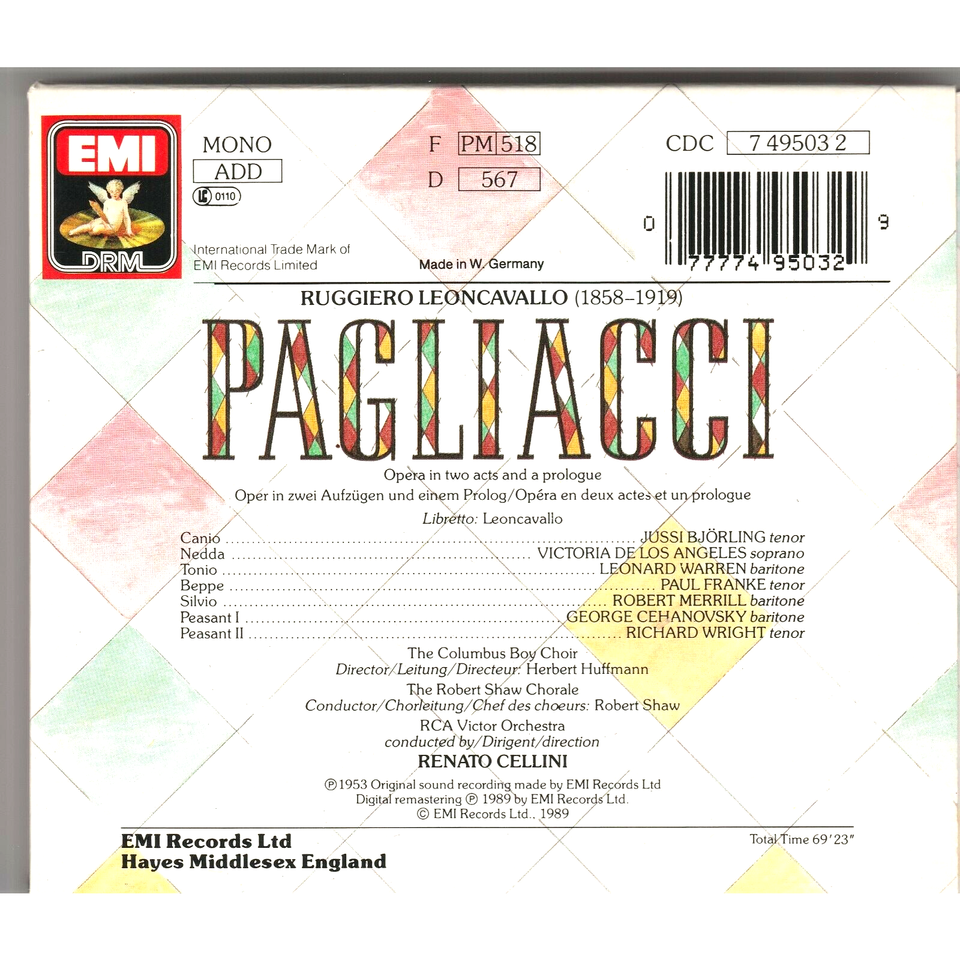 Leoncavallo: Pagliacci Music Orchestra Audio CD, Jul 1989 Cellini ...
