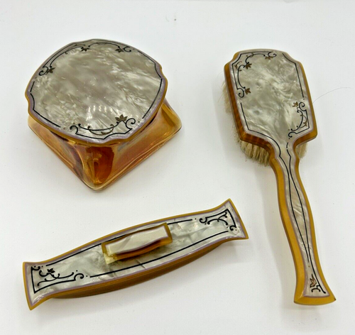 VINTAGE DECO AMBER GLASS GREEN CELLULOID BAKELITE VANITY SET *EUC* | eBay
