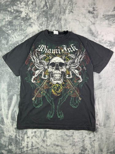 Vintage Miami Ink Tattoo Skull Graphic T-Shirt Mens L Grunge Biker Y2K ...