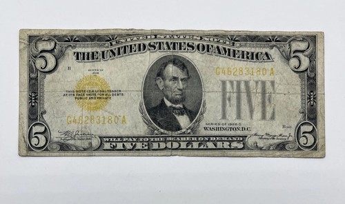 1928 FIVE DOLLAR YELLOW SEAL ERROR NOTE SMALL SIZE NOTE NO HOLES NO ...