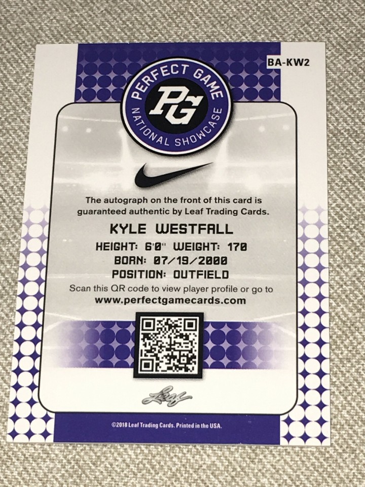 KYLE WESTFALL 2018 LEAF PERFECT GAME SHIMMER AUTOGRAPH #1/1 COASTAL ...
