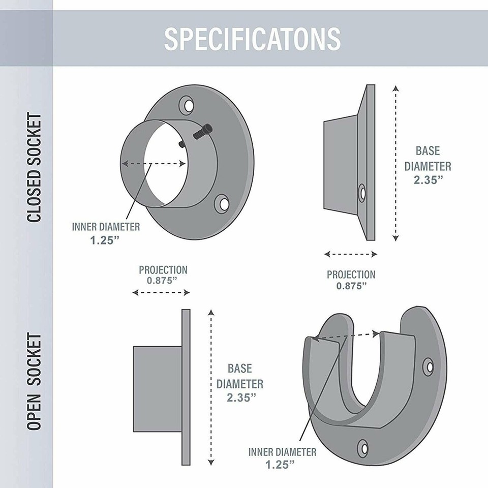 1 Set Heavy Duty Stainless Steel Closet Pole Sockets Rod End Support ...