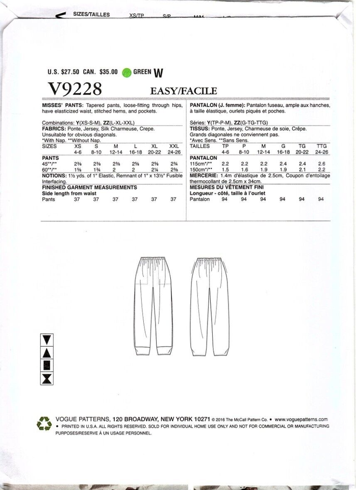 Vogue V9228 Designer Marcy Tilton Misses L to XXL Pants Sewing Pattern ...