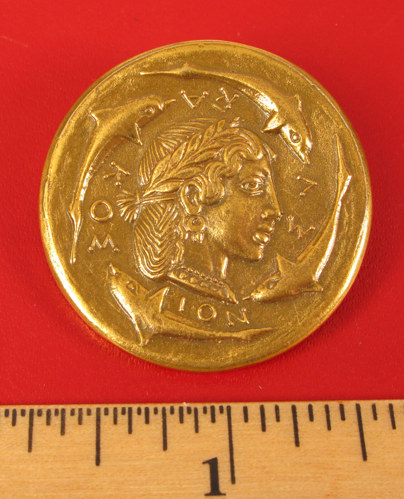 VINTAGE CHUNKY BRASS GREEK GODDESS COIN DOLPHIN BROOC… - Gem