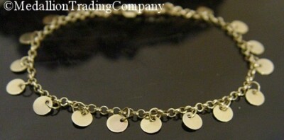 14K Yellow Gold Coin Disk Circle Dangle Charms Rolo Layer Bracelet 3.65 ...