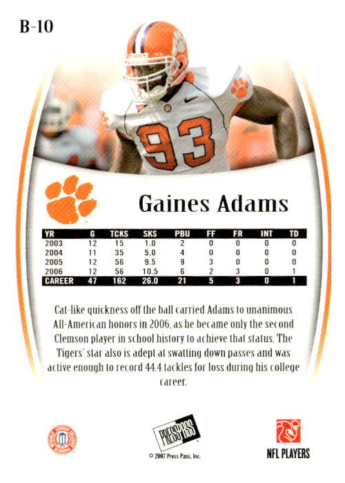Gaines Adams 2007 Press Pass Legends /999 B-10 SN999 Bronze | eBay