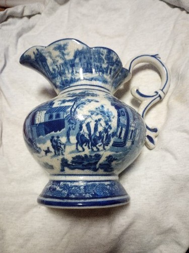 Porcelain Blue & White Pitcher Colonial Village Town Horseman Vintage ...