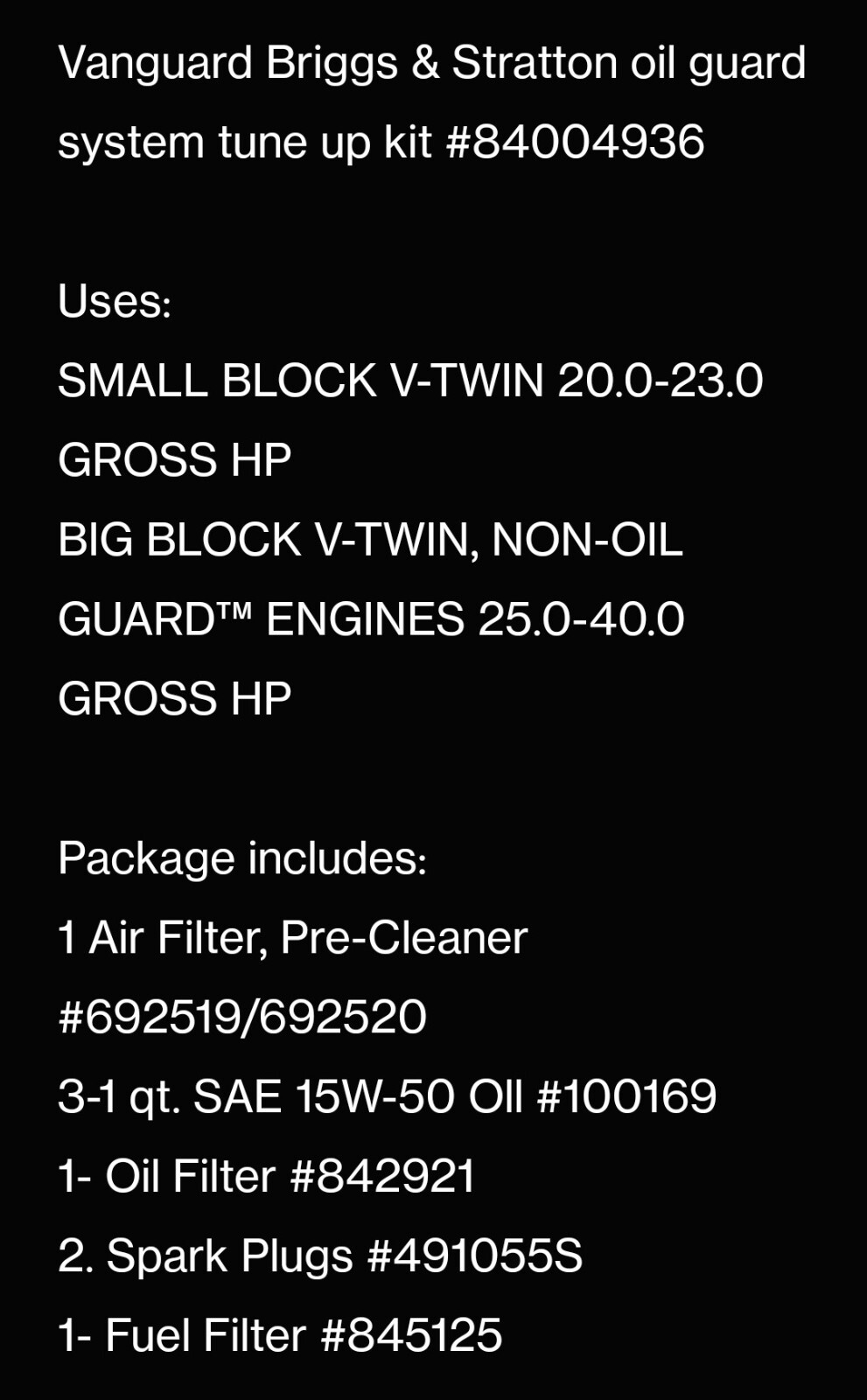 Vanguard Briggs & Stratton oil guard system tune up kit #84004936 | eBay