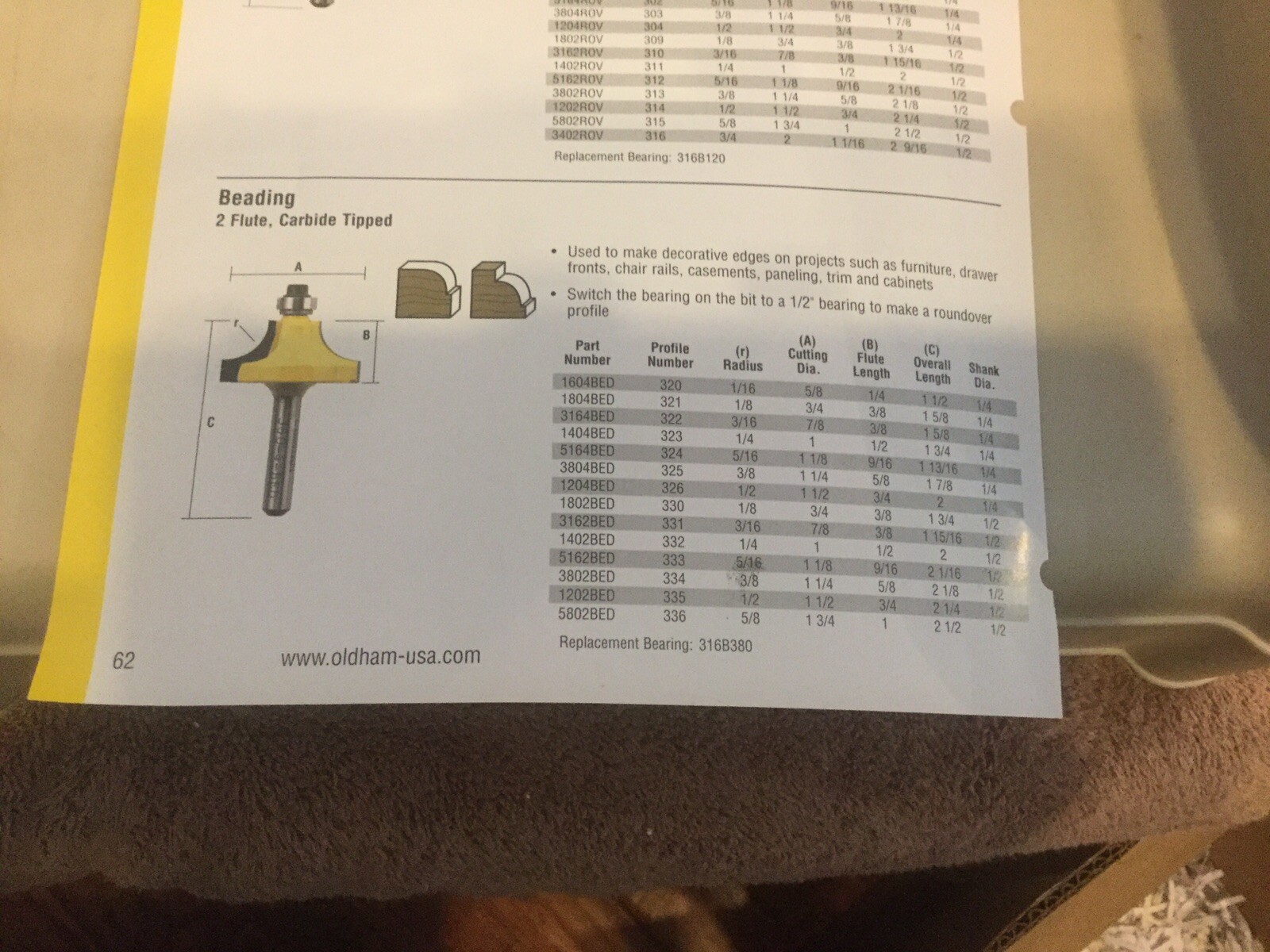 Oldham 321 Viper 1804BED 1/8” Radius Beading Router Bit 1/4” Shank USA ...