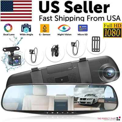 1080P HD Rearview Mirror Car DVR Dual Dash Cam Camera Front Rear Video ...