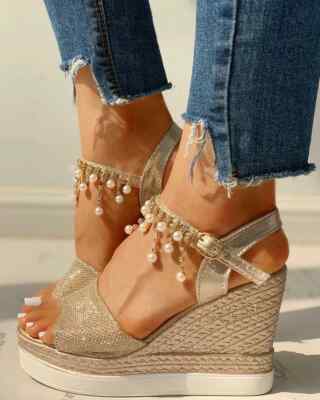 Sandales Femmes Talon 12 CM Or Poli Compensé Platforn Cuir Synthetique ...