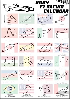 F1 Formula 1 One 2024 Racing Schedule Calendar Circuits Dates Print A4 ...