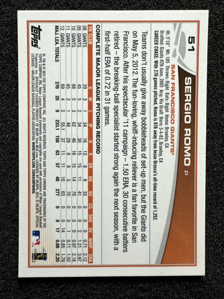 SERGIO ROMO #51 2013 Topps Chrome Baseball QTY San Francisco Giants | eBay