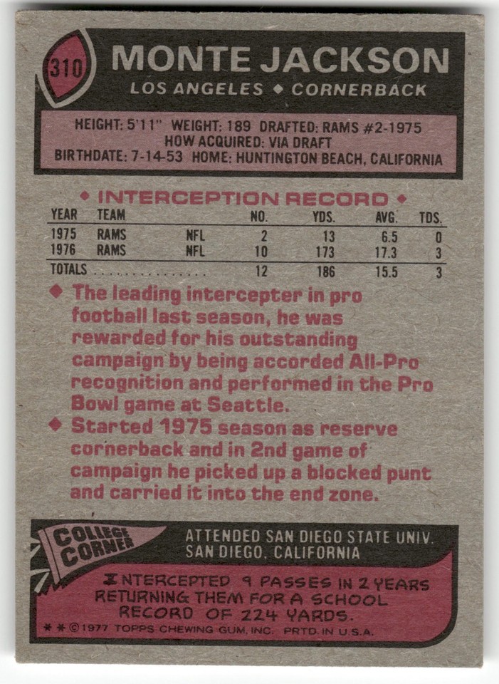 1977 Topps Monte Jackson Rookie #310 Los Angeles Rams RC,VG | eBay