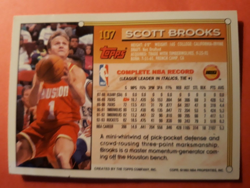 1993 Topps #107 Scott Brooks Rockets UC Irvine 8 - NM/MT | eBay