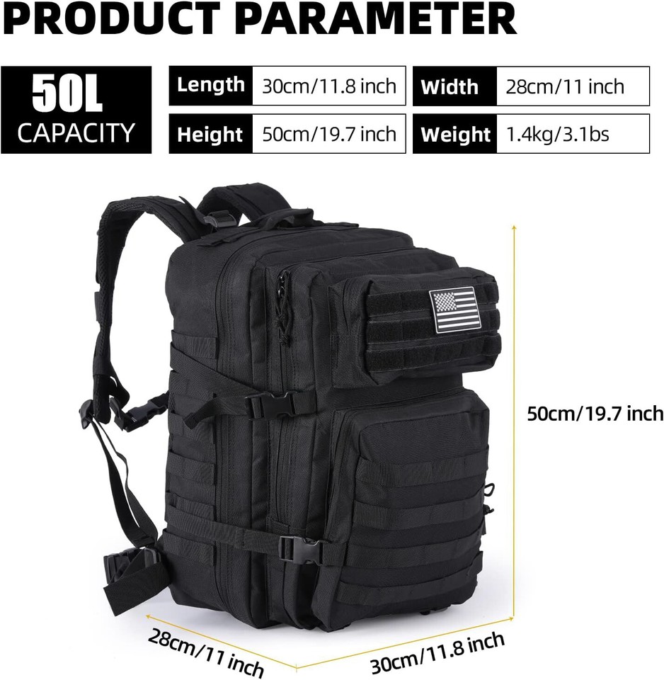 50L Large Tactical Military Backpack Waterproof Rucksack Hiking Laptop ...