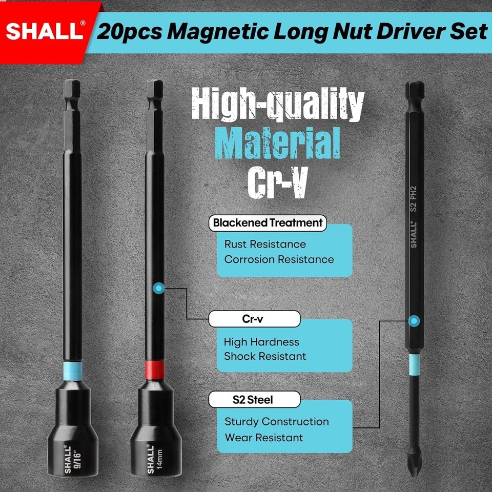 SHALL 20PCS Magnetic Nut Driver Set,Long Nut Drivers for Impact Dril | eBay