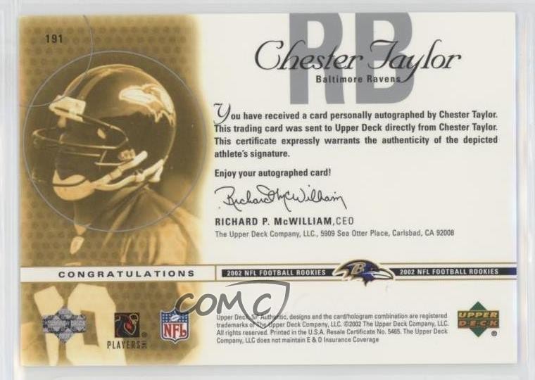 2002 SP Authentic Signed Authentics /1150 Chester Taylor #191 Rookie ...