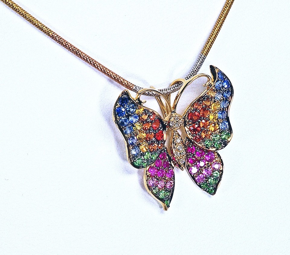 18K, BUTTERFLY PENDANT, MULTI COLOR RAINBOW, RUBY, SAPPHIRE, GREEN ...
