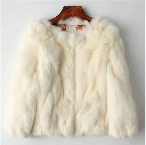 Women's Real Rabbit Fur Jacket Crew Neck Thick Coat 3/4 Sleeves Short ...