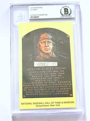DENTON T. CY YOUNG BECKETT AUTHENTIC CUT HANDWRITING HALL OF FAME SLAB ...