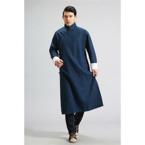 Men's Chinese Traditional Long Gown Jacket Kung Fu Vintage Style Linen ...