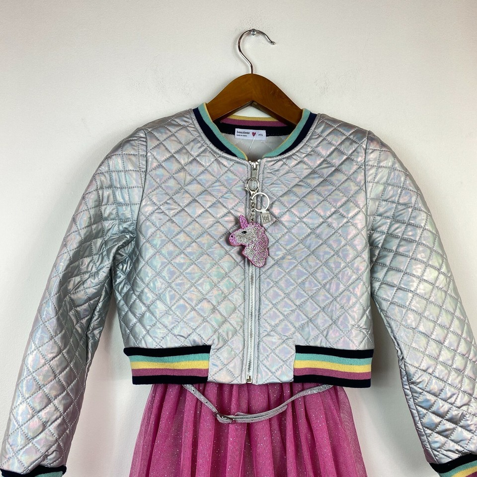 Beautees Big Girls Plus 14 1/2 Navy Pink Quilted Bomber Jacket with ...