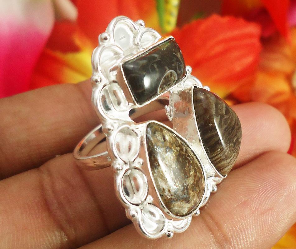 56CTS TURTELLA JASPER GEMSTONE RING 925 SILVER OVERLAY JEWELRY SIZE 8 ...