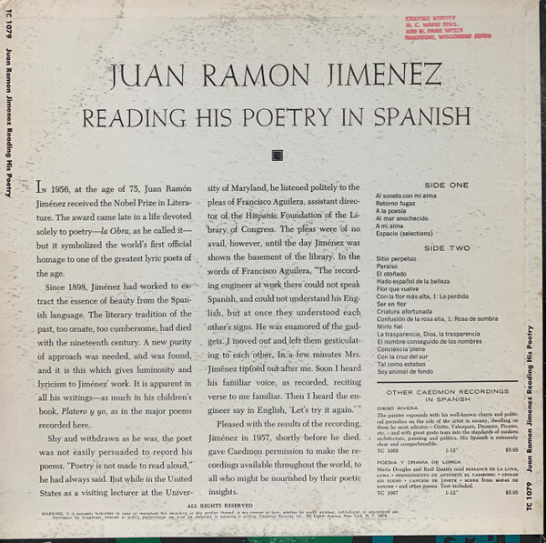 Juan Ram?n Jim?nez - Reading His Poetry In Spanish (LP, Album) NM-20469 ...
