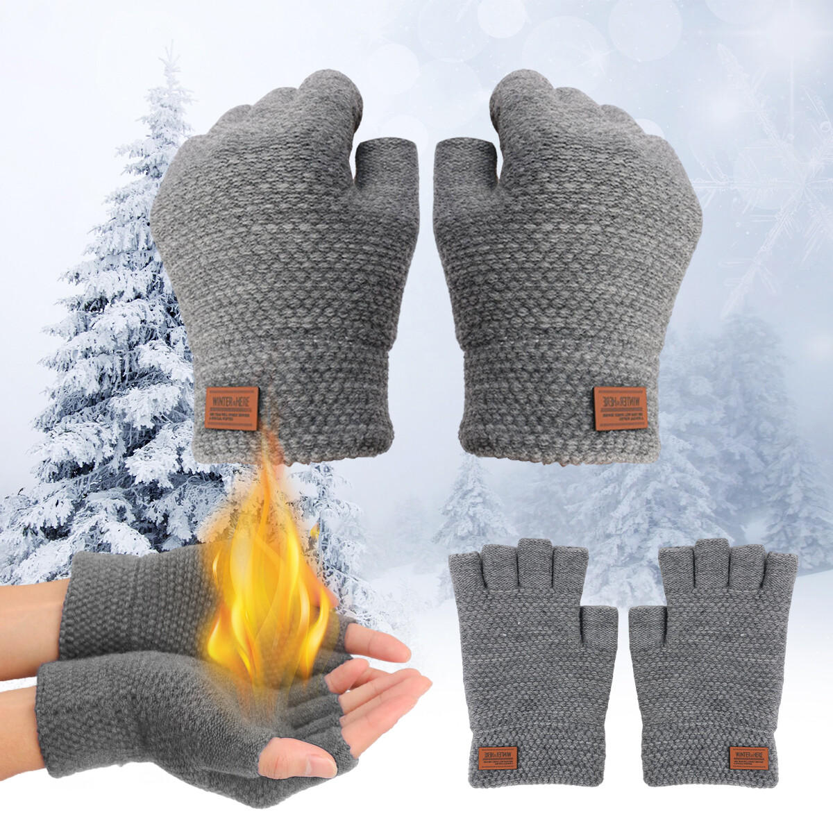 Thermal Fingerless Gloves Mens Women Knitted Warm Winter Half Finger ...