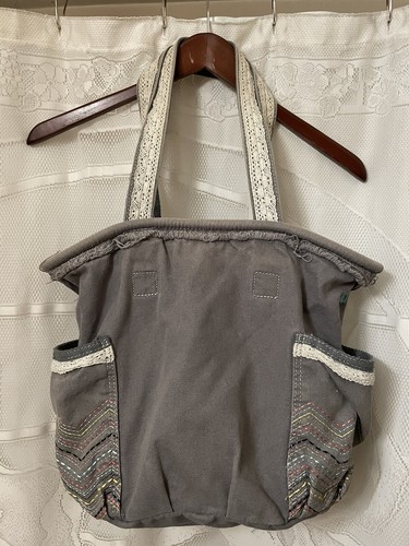 Thirty-One Gray Distressed Tote Bag Lace and Embroidery Details Chevron ...