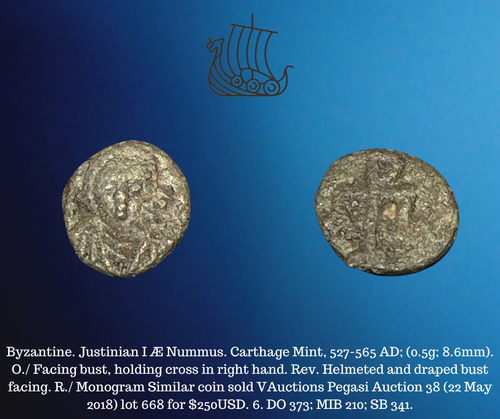 527-565 AD Byzantine Justinian I AE Nummus Carthage Mint 0.5g Monogram ...