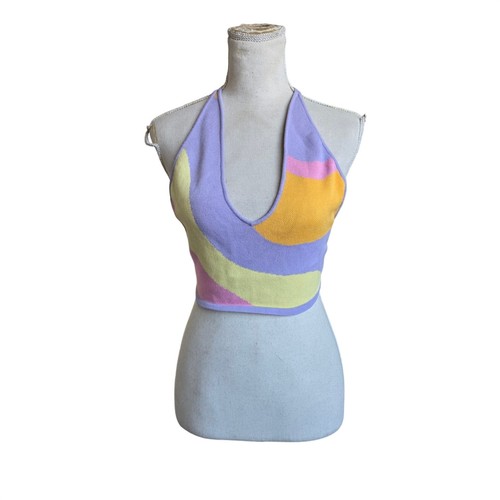 White Fox M Pastel Swirl Halter Knit Crop Top Lilac Yellow Pink Low ...