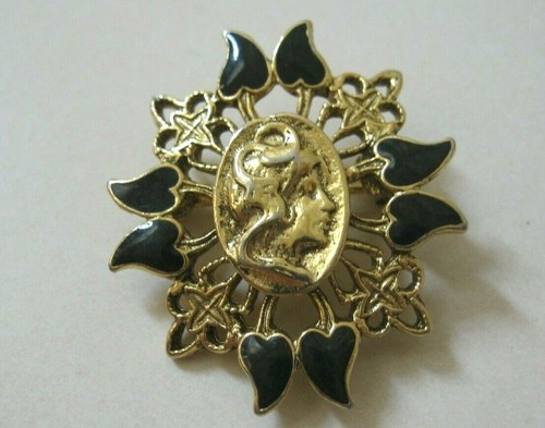 Nouveau Style Black Enamel Gold Tone Repousse Floral Design Lady Face ...