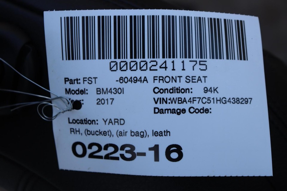 2014-2020 BMW 430I GRAN COUPE F36 FRONT PASSENGER SEAT BLACK DAKOTA ...